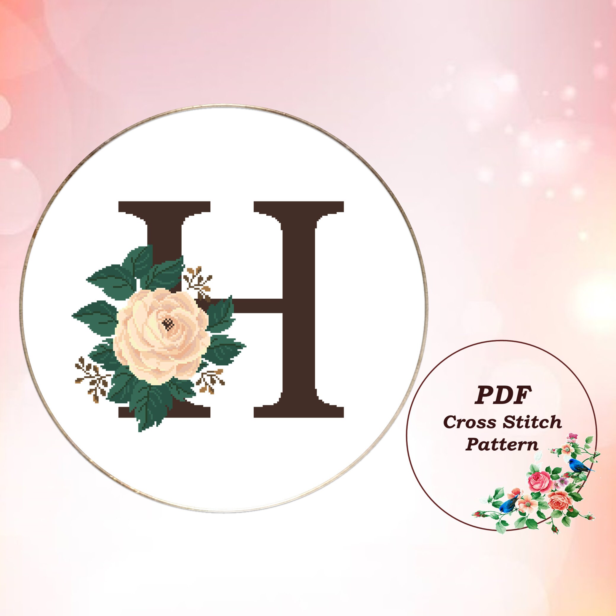 Letter H With White Rose Cross Stitch Pattern PDF Modern Floral ...