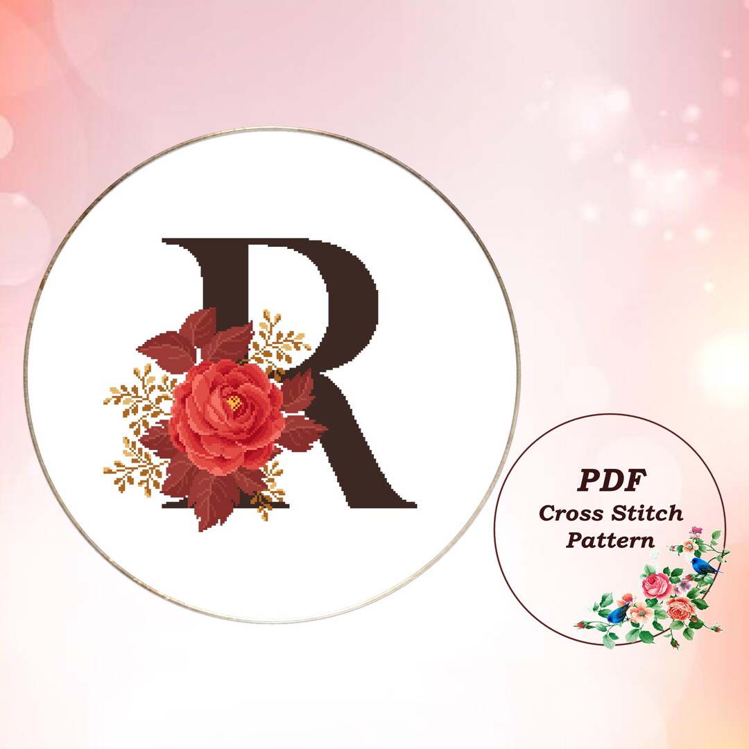 Letter R With Red Rose - Counted Cross Stitch Pattern PDF, Modern ...