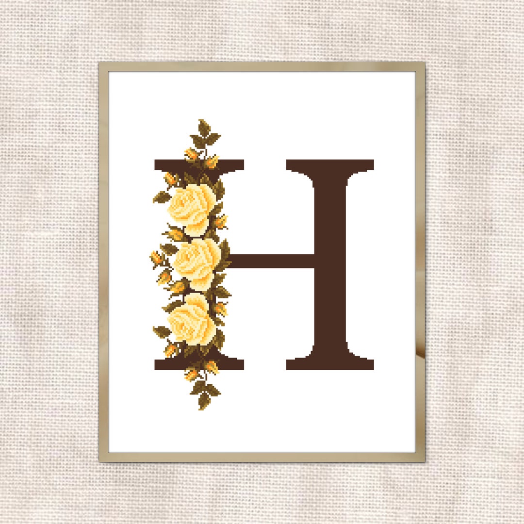 Floral Letter H Cross Stitch Pattern PDF Monogram Wreath Yellow Roses ...