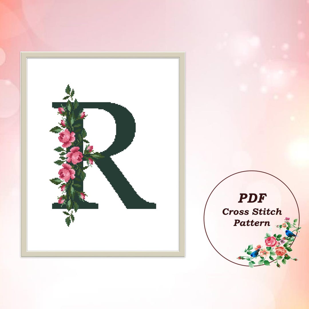 Floral Letter R Modern Cross Stitch Pattern PDF, Monogram R With Roses ...