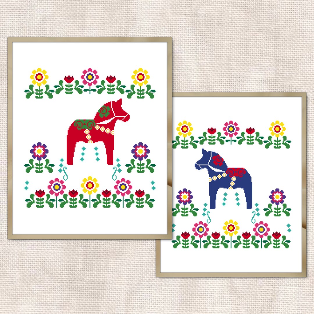 Set 2 Red & Blue Swedish Dala Horses Cross Stitch Patterns PDF ...