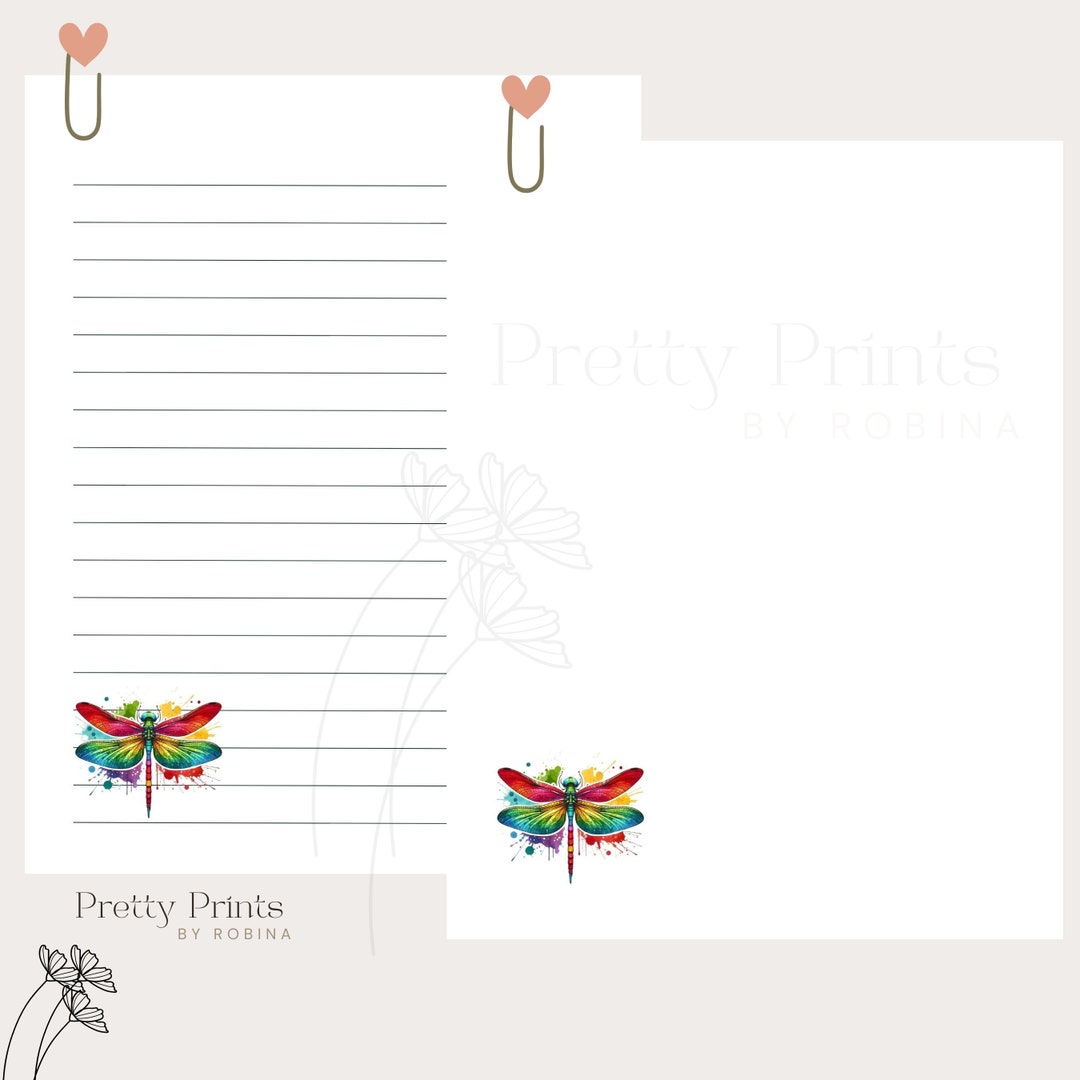 Printable Colourful Dragonfly Notebook Beautiful Dragonfly Writing ...