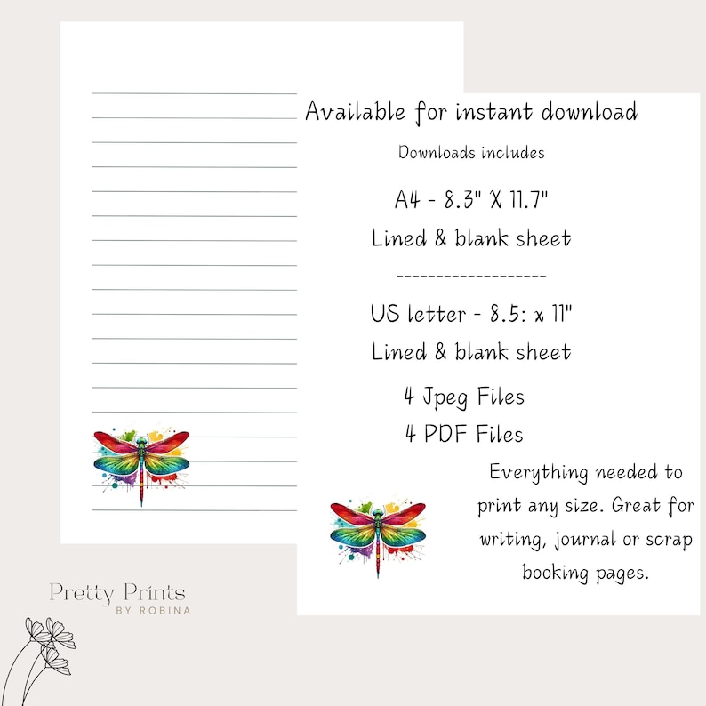 Printable Colourful Dragonfly Notebook Beautiful Dragonfly Writing ...