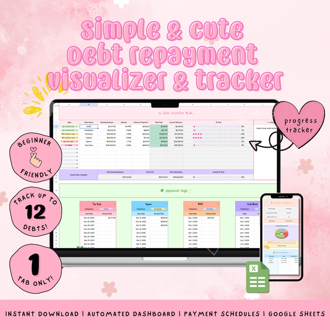 Debt Repayment Tracker Google Sheets | Heart Progress Bar | Cute Debt ...