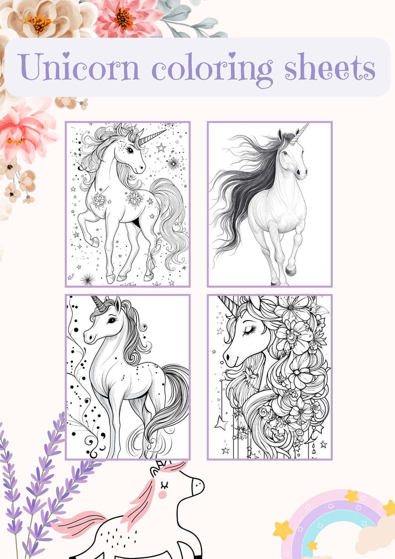 Whimsy Unicorn Coloring Pages for Kids - 20 Printable Sheets, 4 Pdfs ...