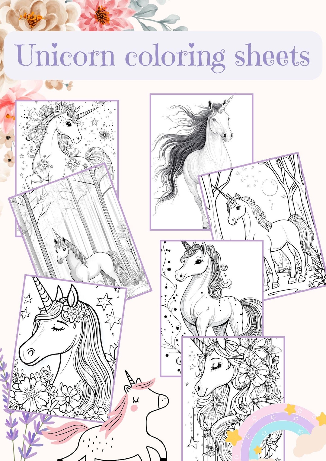 Whimsy Unicorn Coloring Pages for Kids - 20 Printable Sheets, 4 Pdfs ...