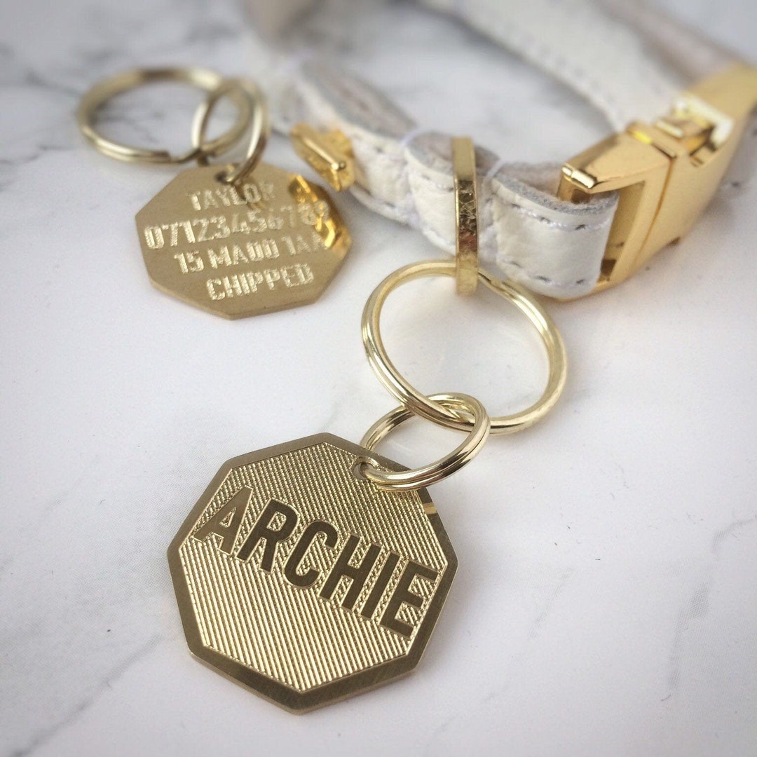 Engraved Dog Name Tag, Handmade Brass Octagon ID Tag - Etsy UK