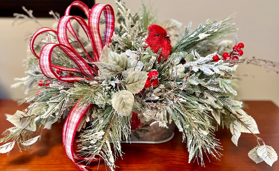 Joyful Cardinal Centerpiece, Pine and Fir Table Decor, Galvanized ...