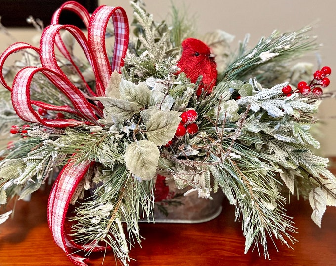 Joyful Cardinal Centerpiece, Pine and Fir Table Decor, Galvanized ...