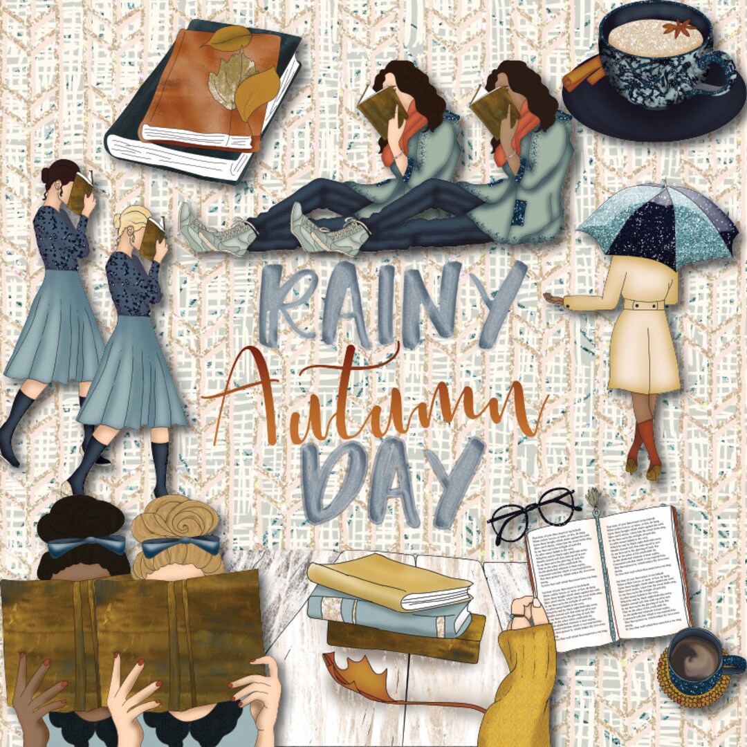 Rainy Autumn Day Clipart, Fashion Girls, Fall, Reading, Books, Leaves ...