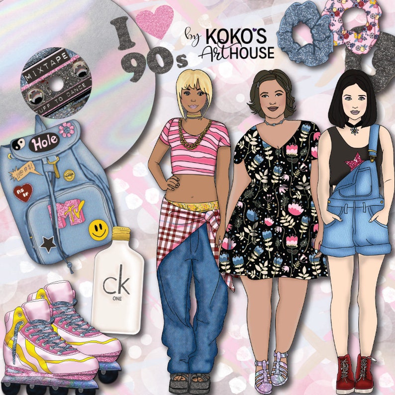 90s Clipart Fashion Girls fashion backpack rollerblades | Etsy