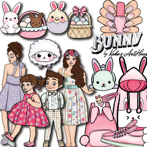 Bunny Clipart Fashion Girls and Kids Easter Spring | Etsy