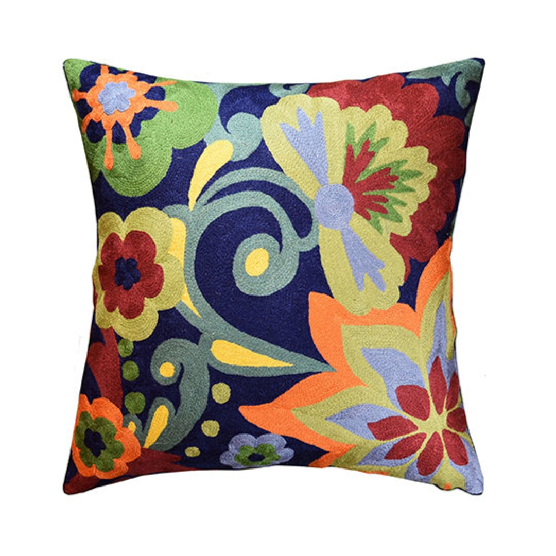 Blue Floral Decorative Pillow Cover Suzani Flower Navy Cushions Florals ...