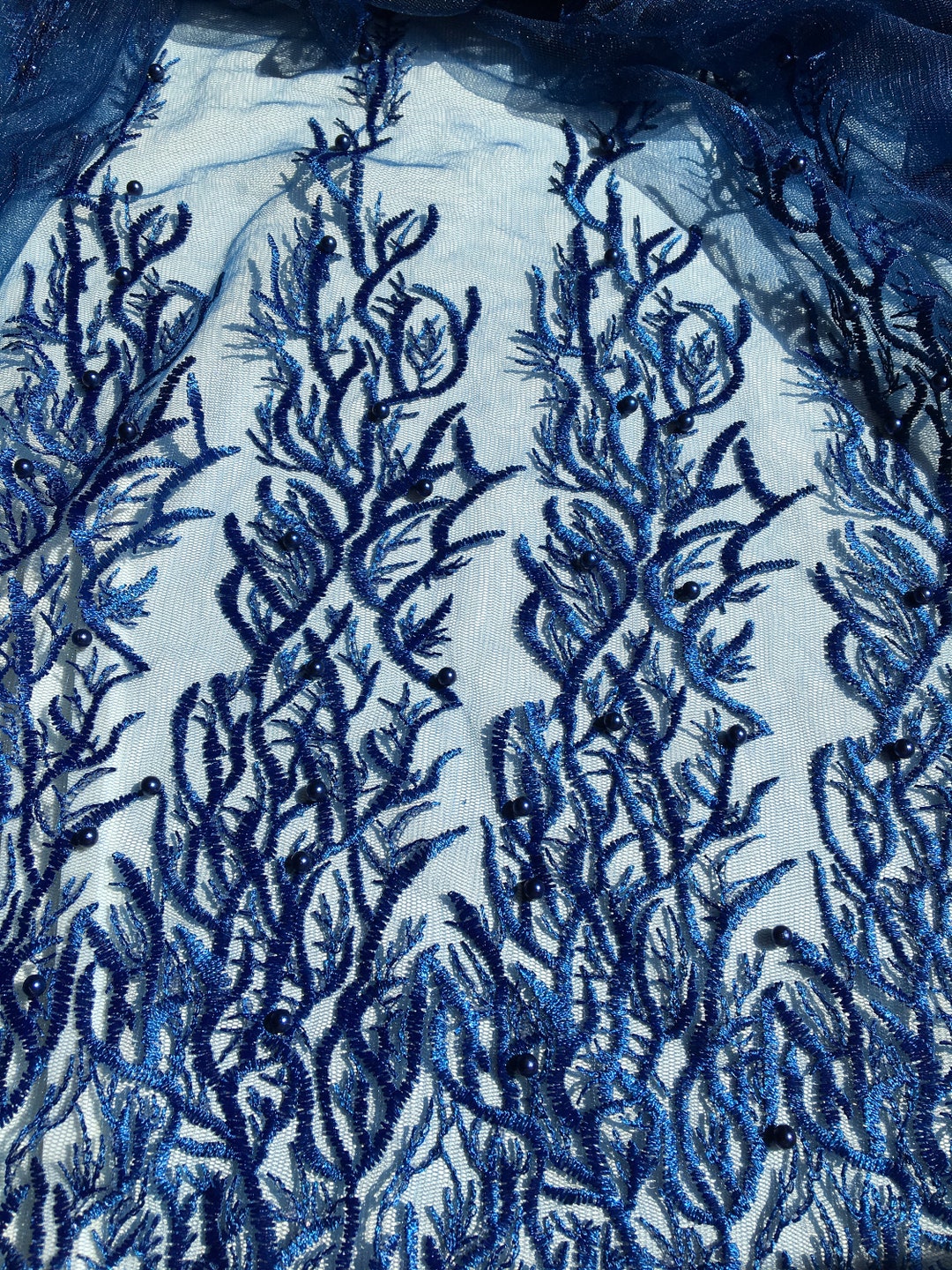Embroidered Bright Blue Lace Fabric Blue Color Beaded for High Fashion ...