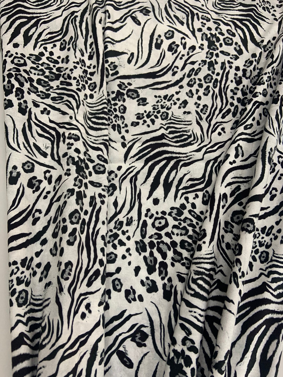 Black and off White Animal Print Viscose Elastane Fabric for Dress ...