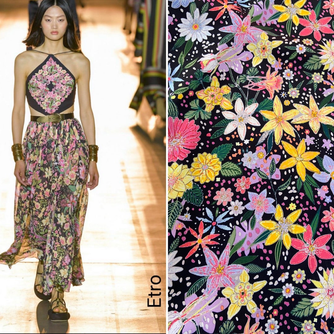 Colorful Pure Silk With Elastane , Different Small Flowers on the Black ...