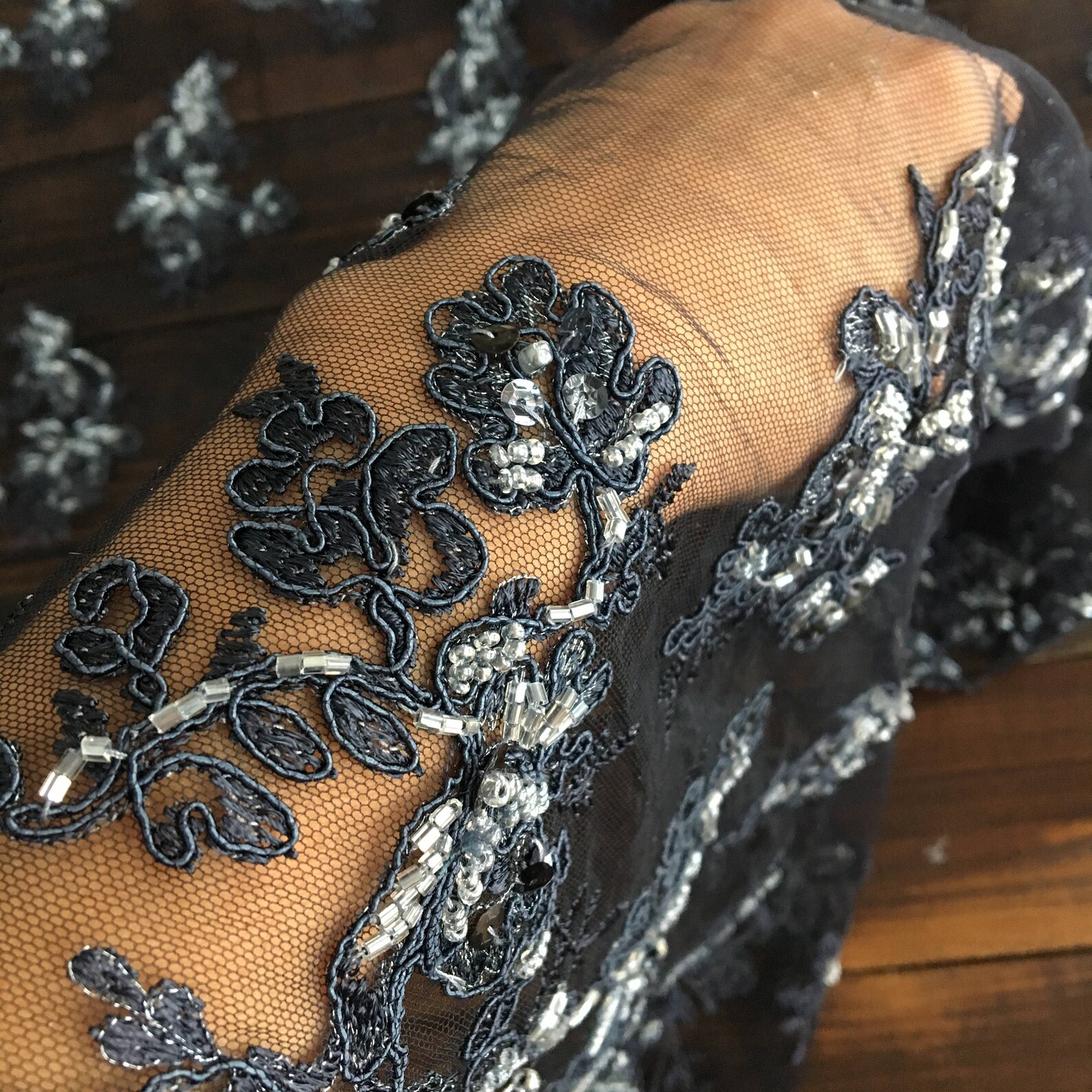 Navy Lace Fabric 3D Lace Tulle Bridal Sequins Beaded Pearls - Etsy