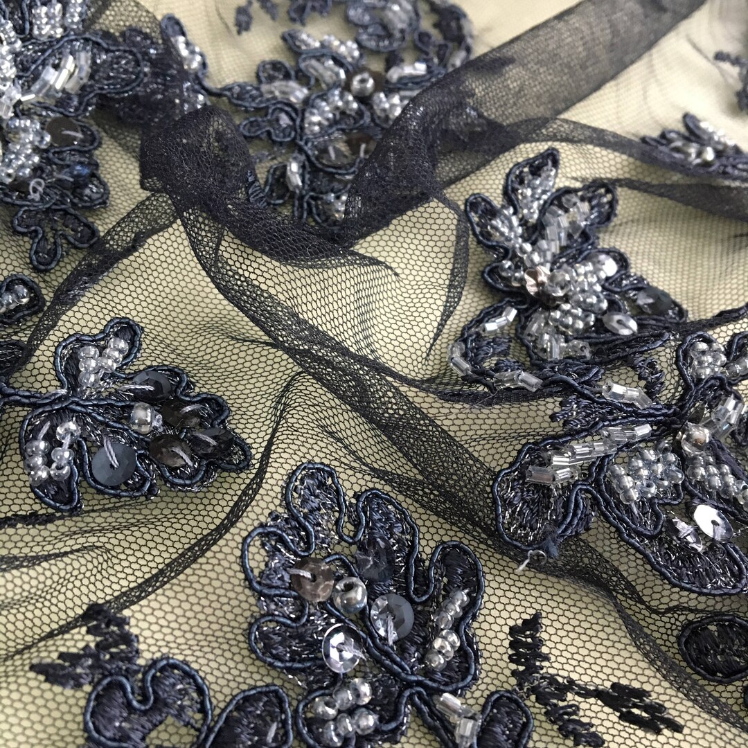 Navy Lace Fabric, 3D Lace Tulle, Bridal, Sequins Beaded Pearls Lace ...