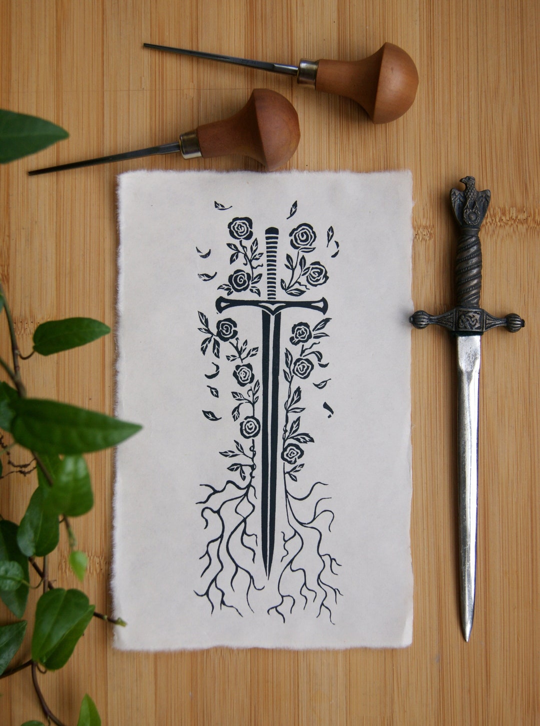 Medieval Sword Fantasy Black English Rose Lino Print, Handprinted Art ...