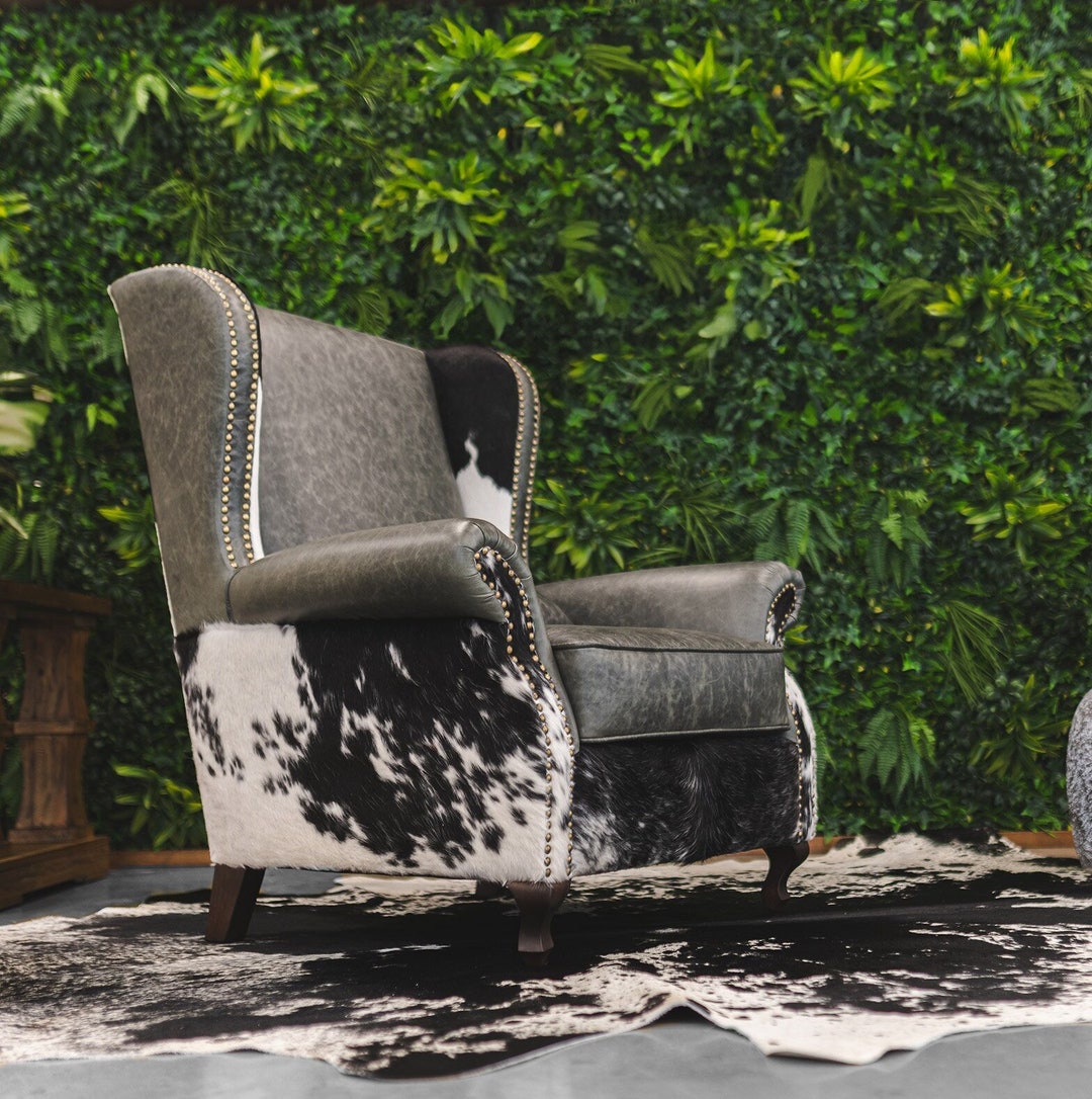 Leather Wingback Chair on Hair on Cowhide Accents Western Style - Etsy