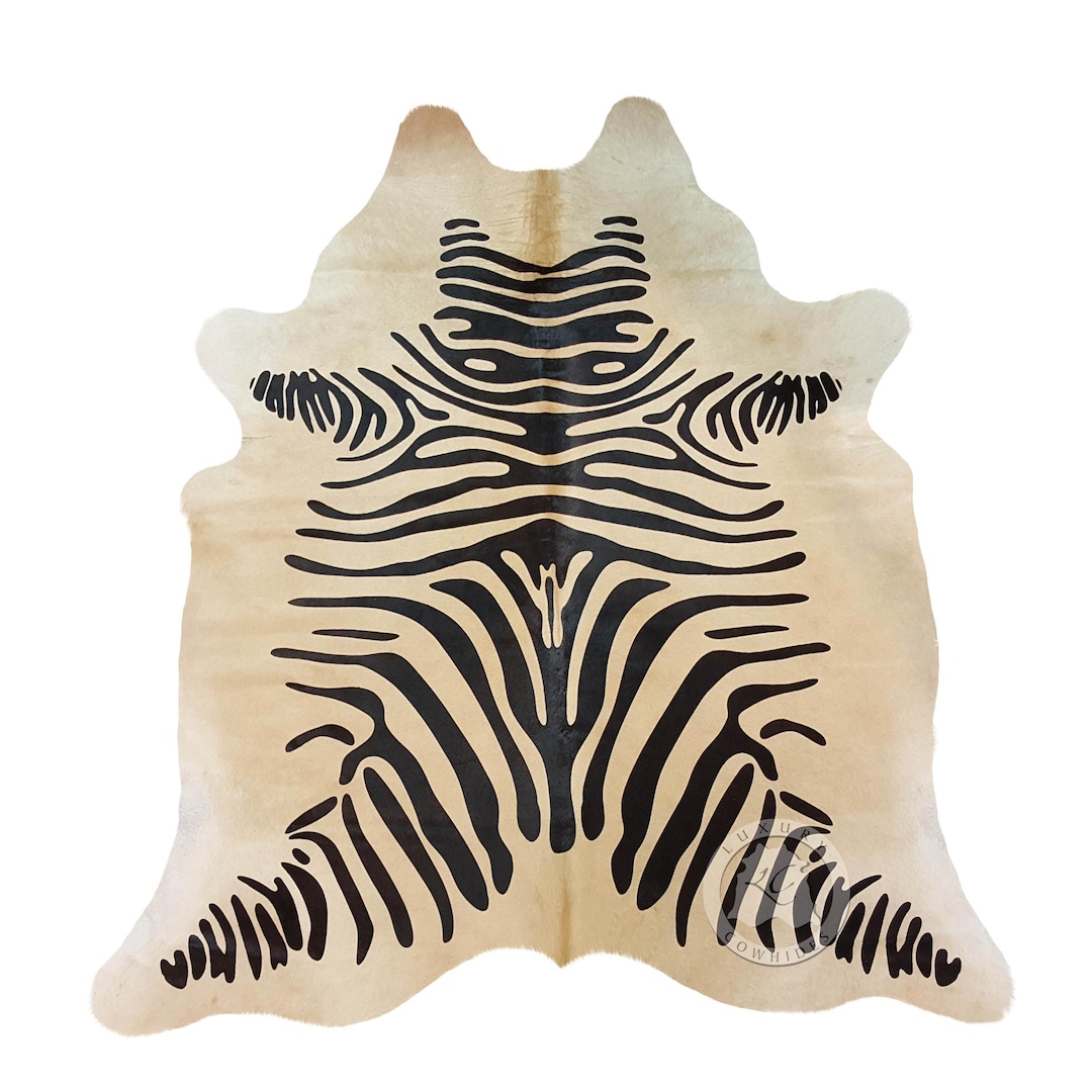 Zebra Print Rug - Animal Print Cowhide Rug - Black Stripes on Beige ...