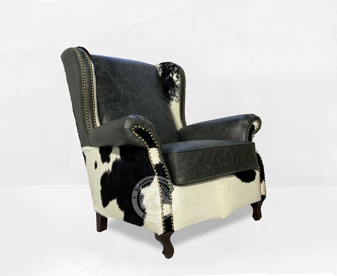 Leather Wingback Chair on Hair on Cowhide Accents Black and White - Etsy
