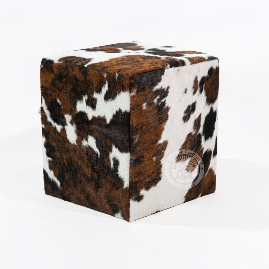 Tricolor Real Cowhide Footstool - Handmade Leather Ottoman Pouf ...
