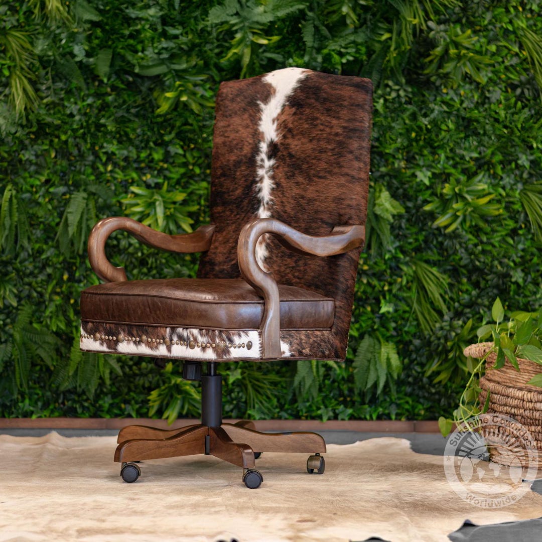 Leather Office Chair With Cowhide Accents – Handcrafted Leather Chair ...