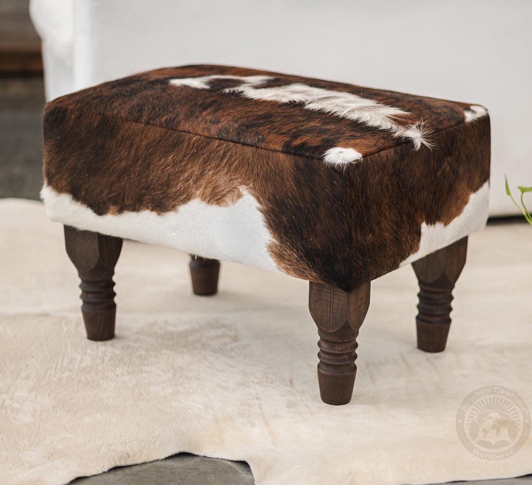 Cowhide Footstool With Wooden Legs – 26x18x18" - Tricolor Tones - Etsy
