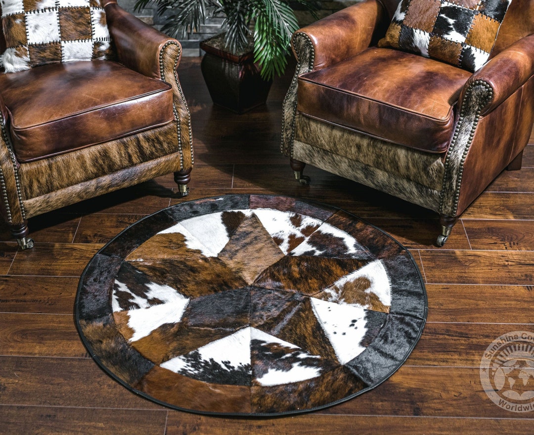 Round Cowhide Patchwork Rug – Star Design – Western Ranch Decor - Etsy