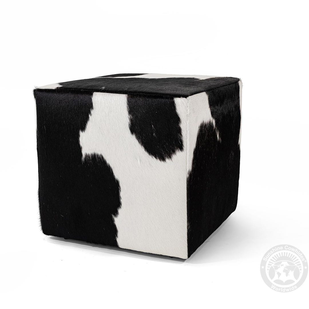 Real Cowhide Footstool, Black and White - Handmade Leather Ottoman Pouf ...