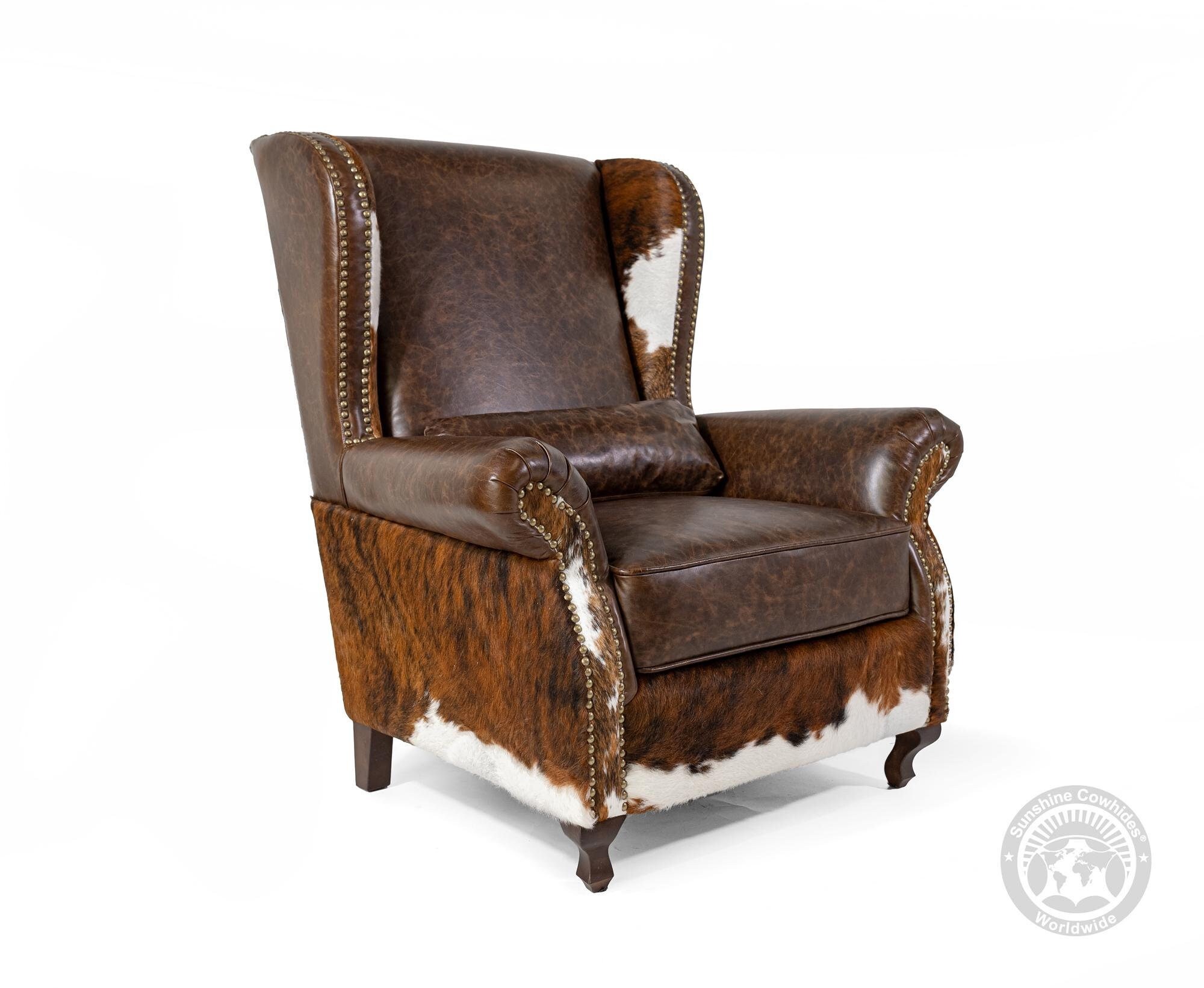 Leather Wingback Chair With Cowhide Accents Brindle Tricolor Tones Etsy