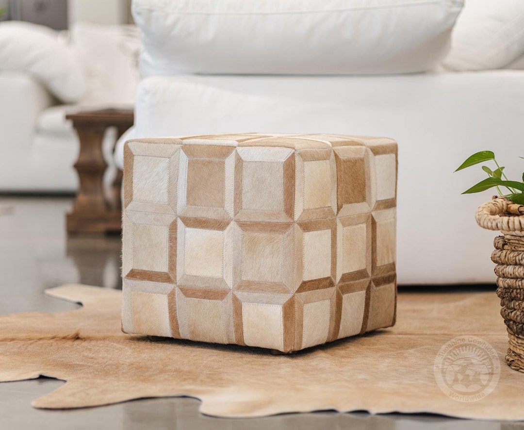 Beige Cowhide Footstool - Handmade Leather Ottoman Pouf | Unique ...