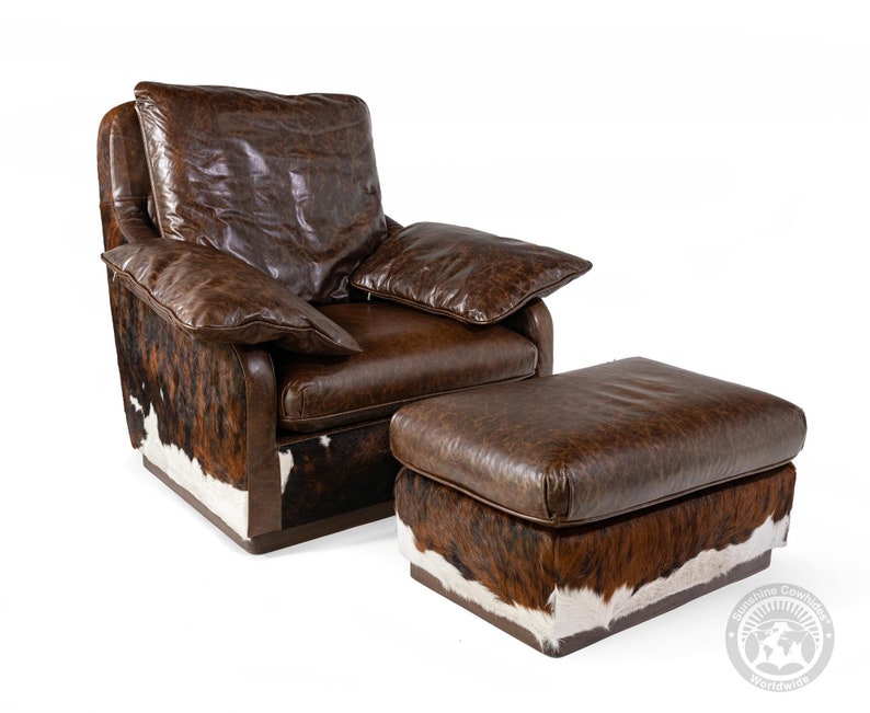 Leather Armchair With Ottoman — Tricolor Cowhide Accents - Etsy
