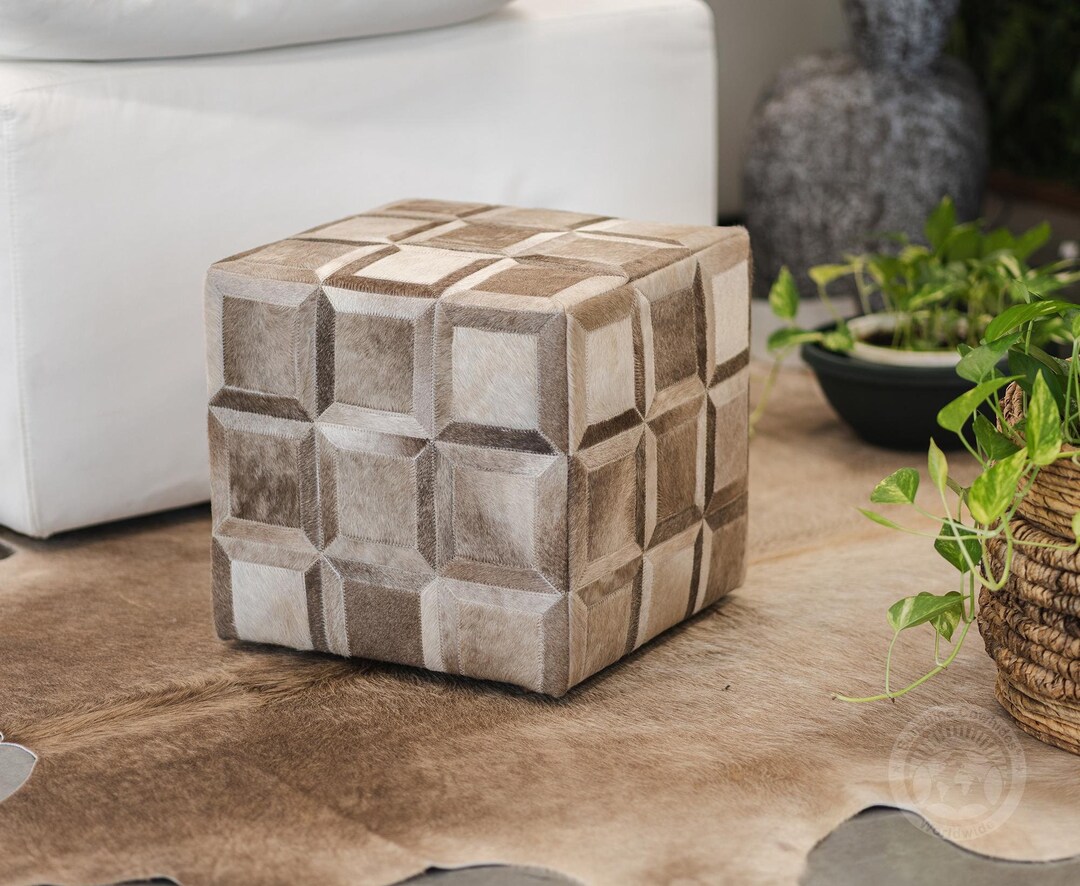 Real Cowhide Ottoman Pouf – Handmade Leather Footstool, Western Rustic ...
