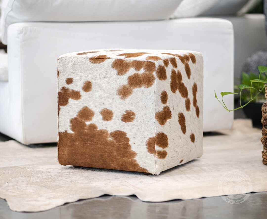 Real Cowhide Footstool, Brown and White Handmade Leather Ottoman Pouf ...