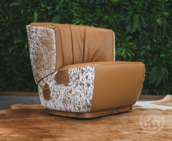 Luxurious Leather Swivel Barrel Chair With Cowhide Accents Etsy