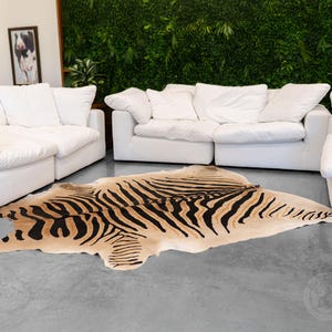 Zebra Print Cowhide Rug, Animal Print - Brown Stripes on Beige - Etsy