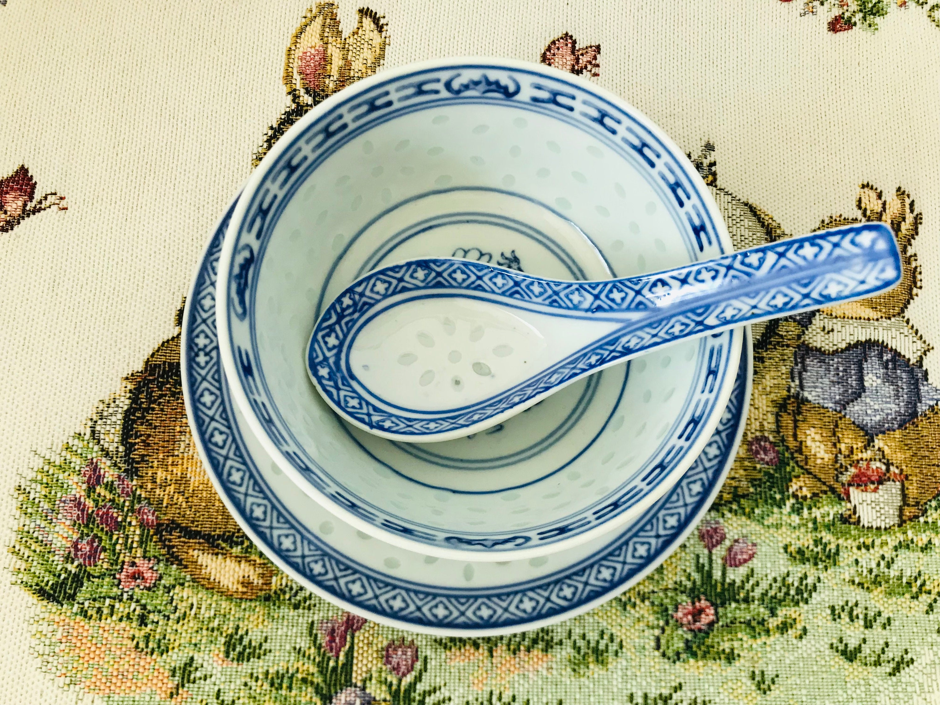 Vintage Chinese Blue and White Rice Grain Pattern Trio Set | Etsy