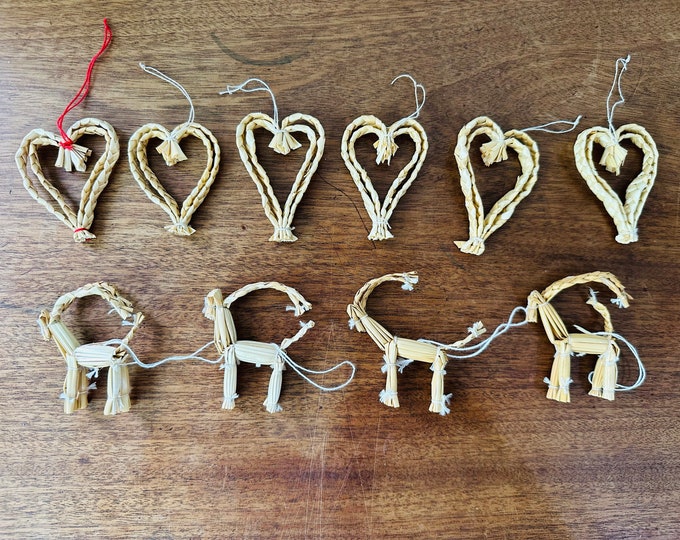 Vintage Set of 4 Straw Goat and 6 Straw Heart Ornament - Small Straw ...