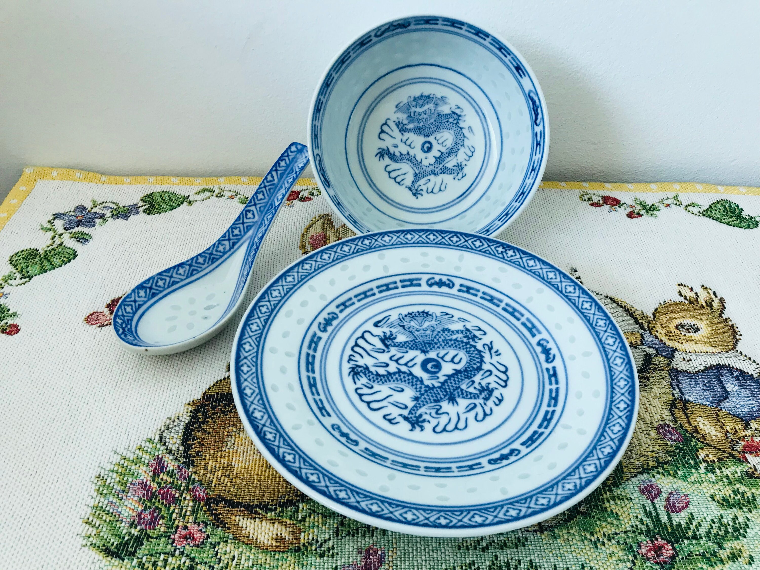 Vintage Chinese Blue and White Rice Grain Pattern Trio Set | Etsy