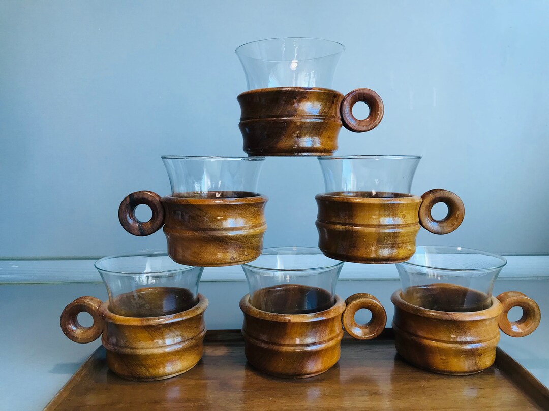 Vintage Set of 6 Tea Glas With Wooden Holders and Serving Plate ...