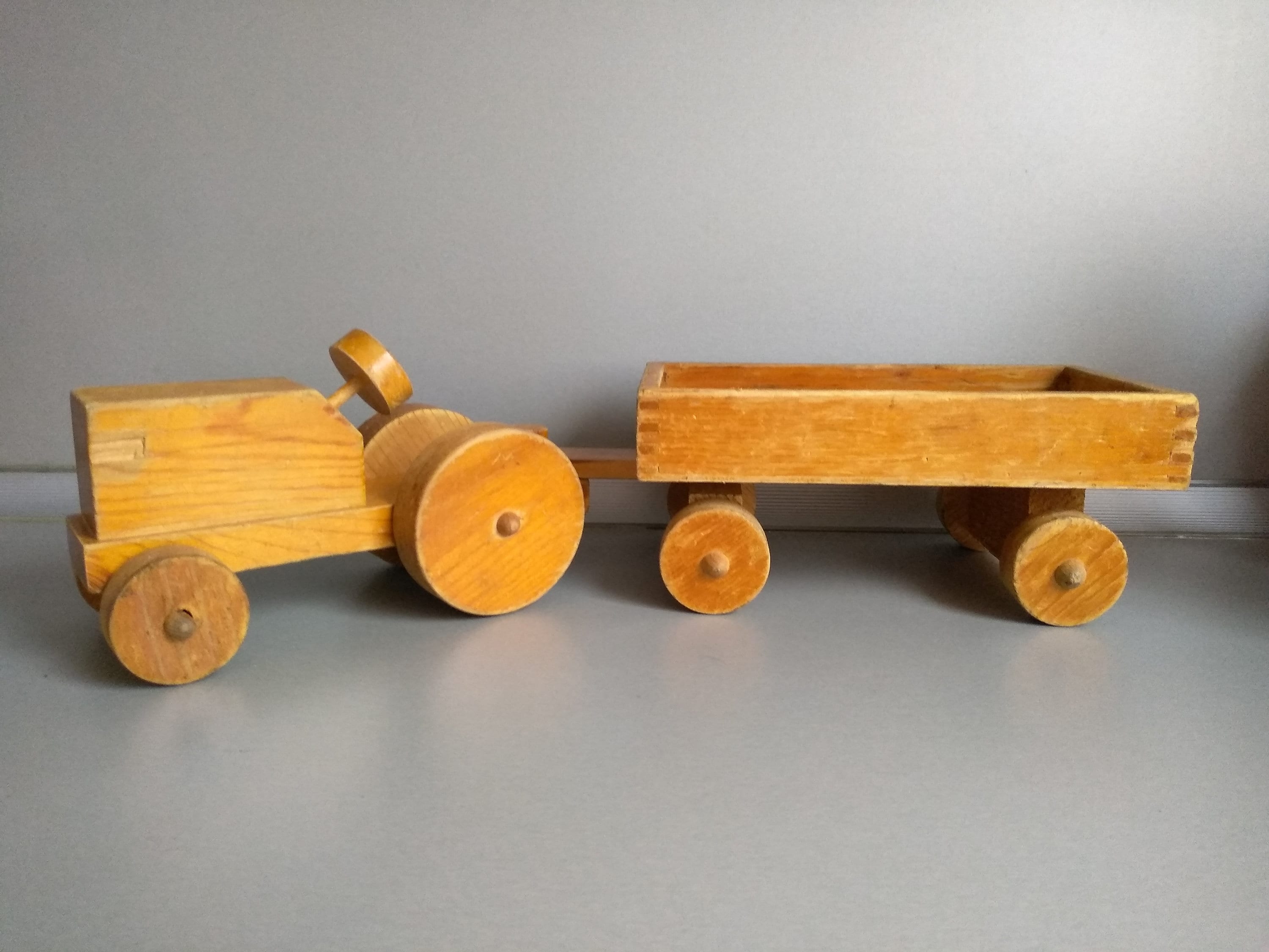 Vintage Wooden Tractor With Trailer - Wooden Car - Vintage Wooden Toy ...