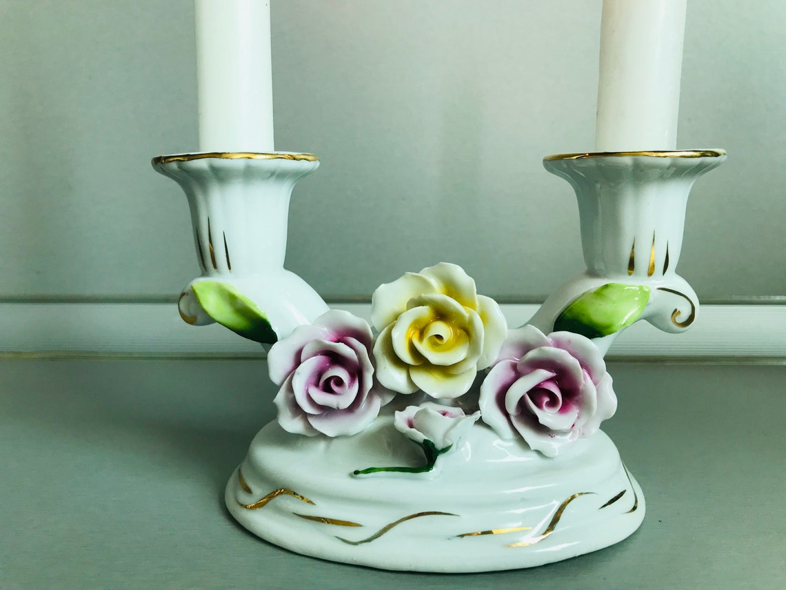 Vintage Porcelain Candlestick With Flowers and 2 Arms | Etsy
