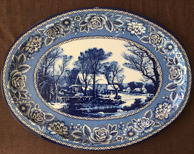 Vintage Large Blue Tin Tray - Blue and White Tin Tray - Serving Tin ...
