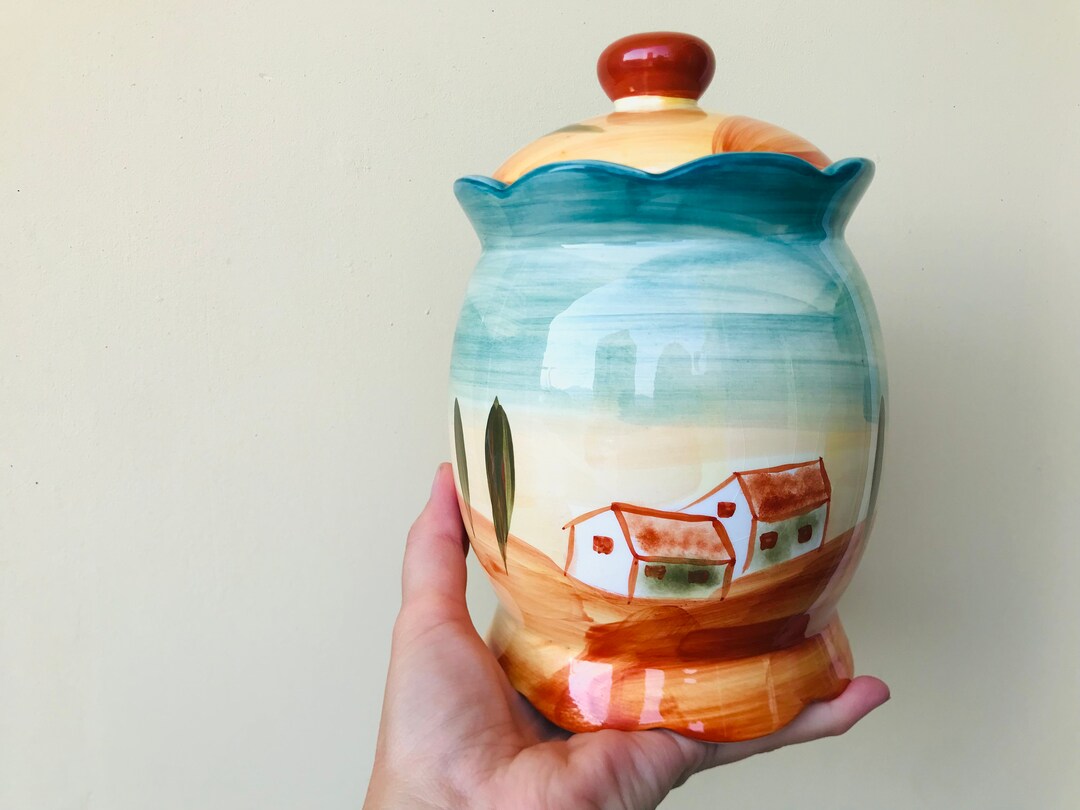Vintage Hand Painted Storage Jar - Pottery Countryside Motif Jar - (21 ...