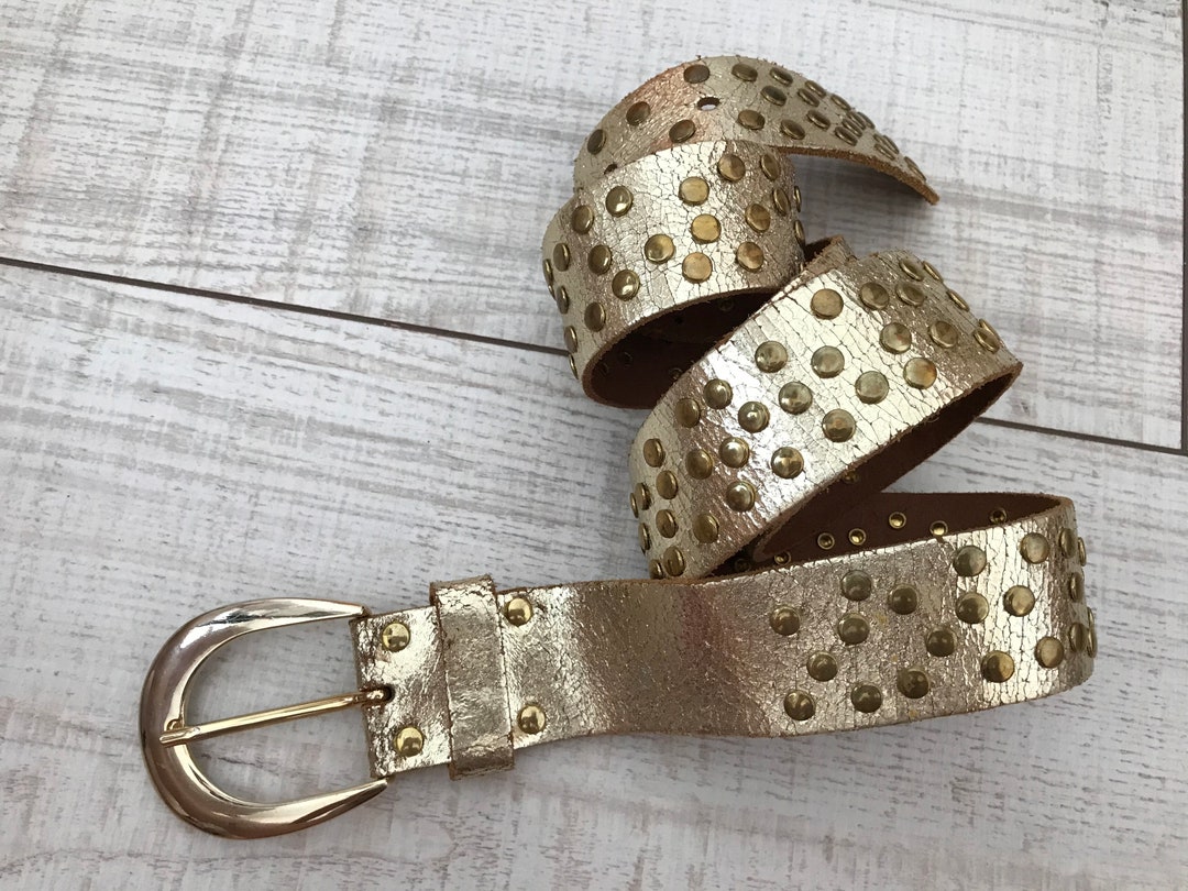 Genuine Leather Gold Belt Gold Leather Belt With Metal Studded - Etsy