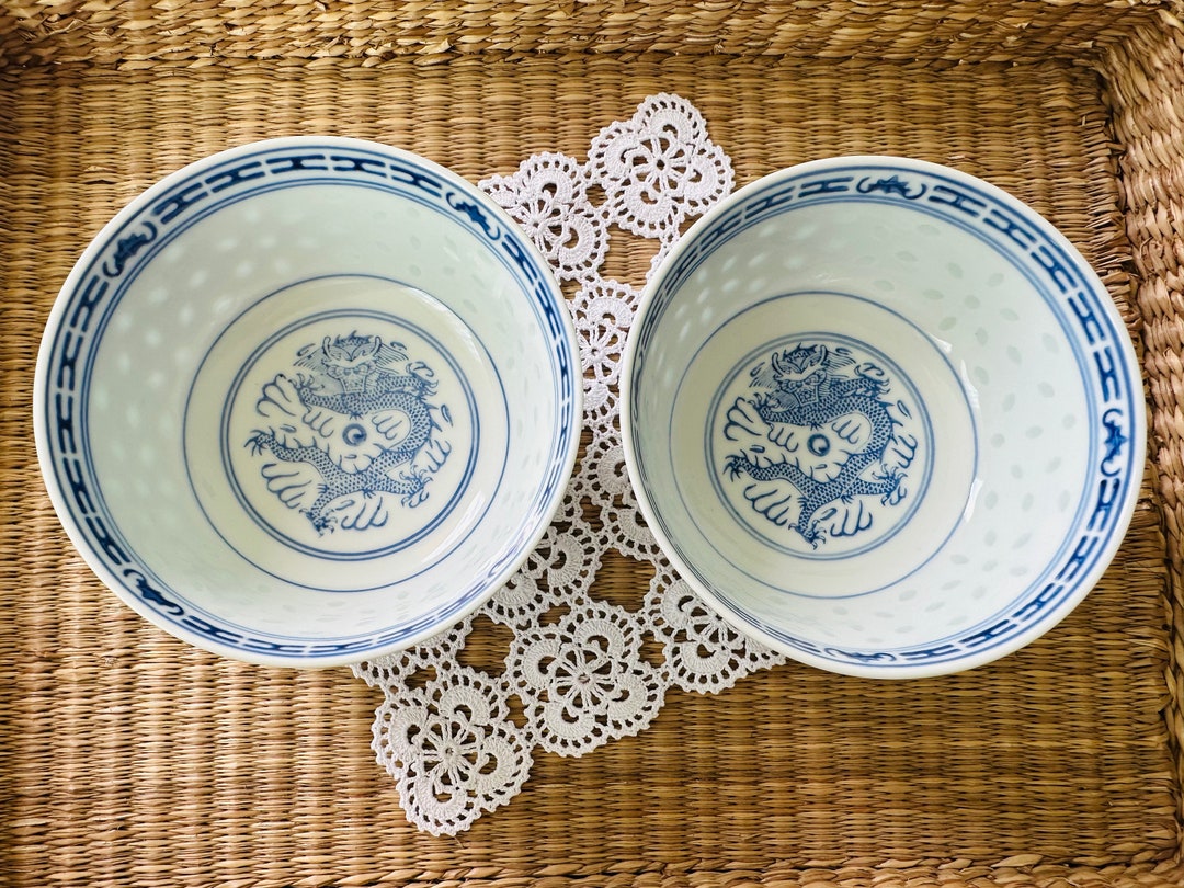 Vintage Set of 2 Chinese Rice Grain Porcelain Bowl - Rice Chinese Soup ...