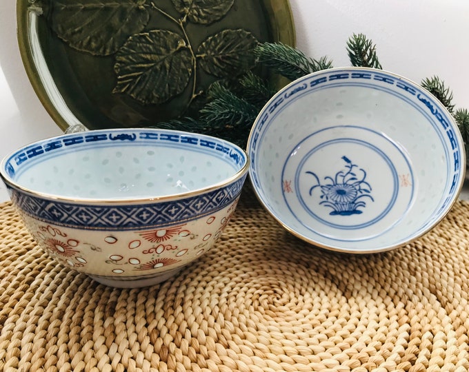Vintage Set of 2 Chinese Rice Grain Porcelain Round Bowls Gold Band ...