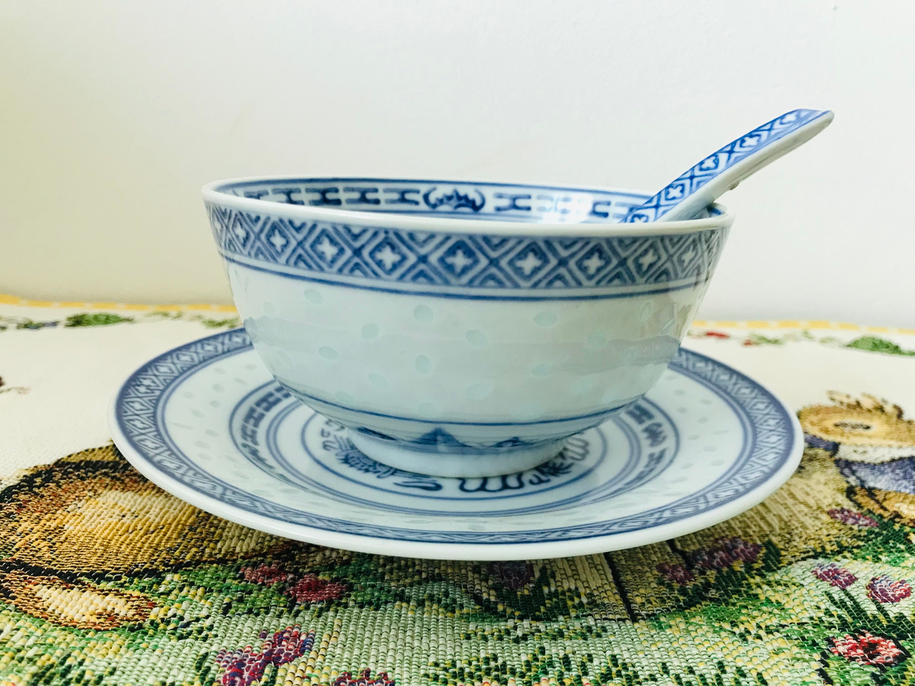 Vintage Chinese Blue and White Rice Grain Pattern Trio Set | Etsy